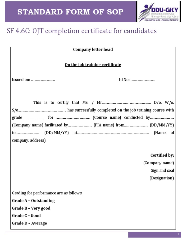 Standard Form of Sop: SF 4.6C: OJT Completion Certificate For ...