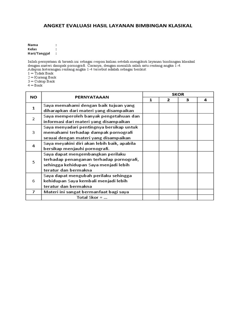 Angket Evaluasi Layanan Bimbingan Klasikal (OK) | PDF