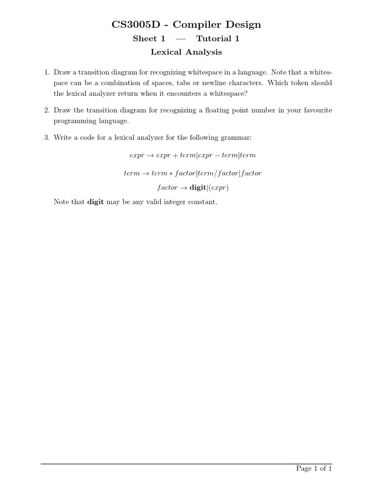 CS3005D - Compiler Design: Sheet 1 - Tutorial 1 Lexical Analysis | PDF