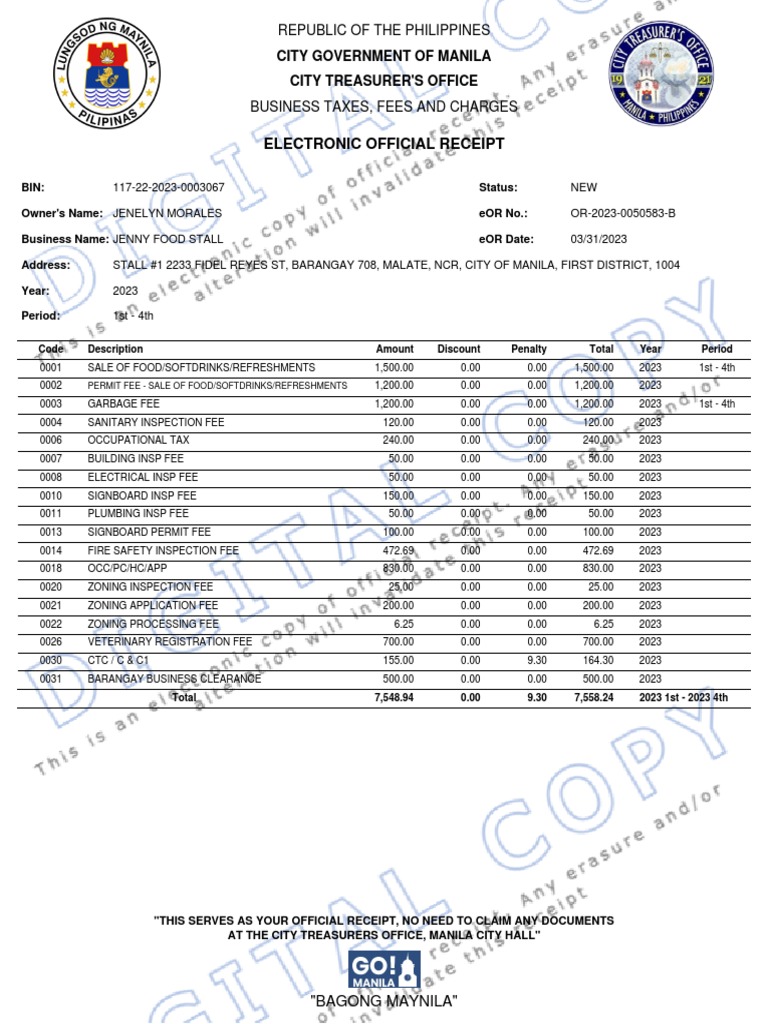 Electronic Official Receipt: City Government of Manila City Treasurer'S ...