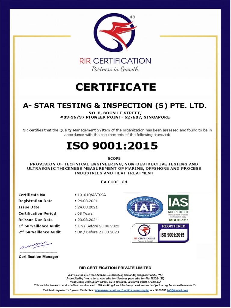 Certificate: A-Star Testing & Inspection (S) Pte. LTD | PDF