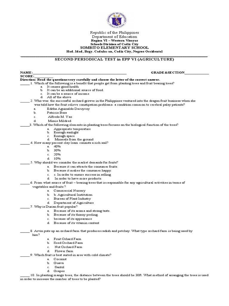 epp-grade-6-2nd-periodical-exam[1] | PDF | Trees | Orchard