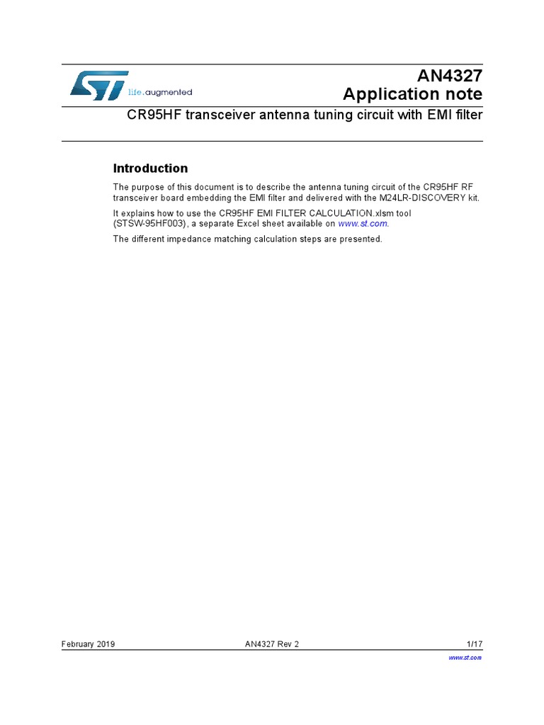 An4327 cr95hf Transceiver Antenna Tuning Circuit With Emi Filter Stmicroelectronics | PDF ...