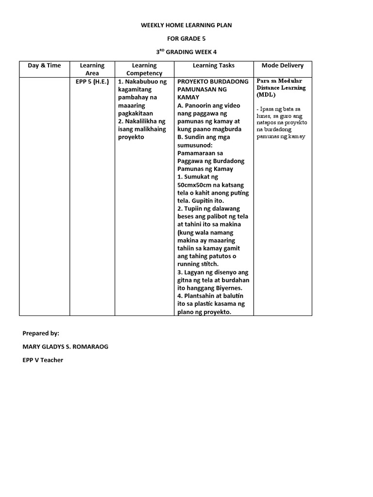 Weekly Home Learning Plan in EPP 5 Week 4 | PDF