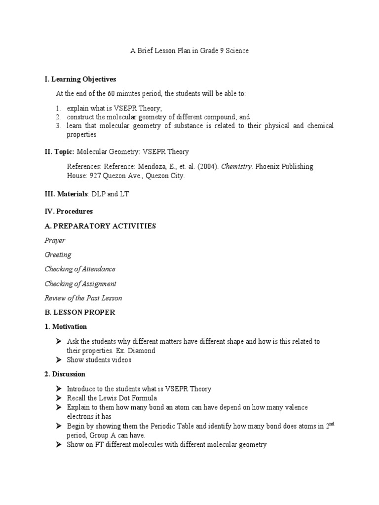 VSEPR Theory in Grade 9 Science Lesson | PDF | Science & Mathematics ...