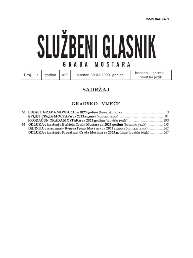 Sluzbeni Glasnik Grada Mostara Broj 7-2023 | PDF