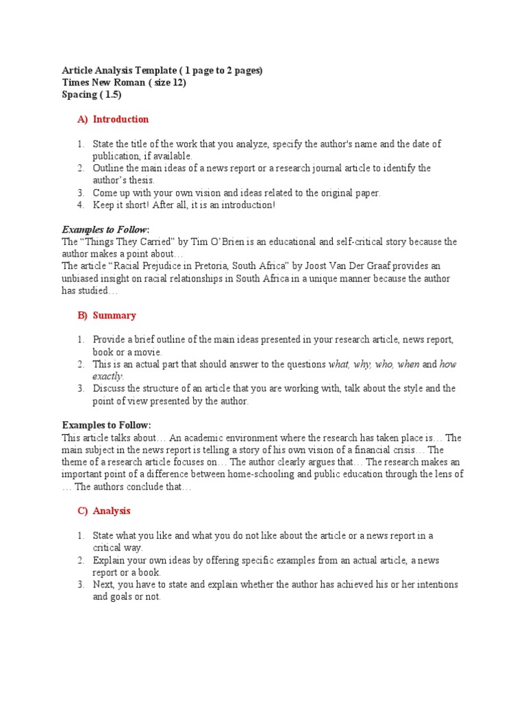 A) Introduction: Article Analysis Template (1 Page To 2 Pages) Times New Roman (Size 12) Spacing ...