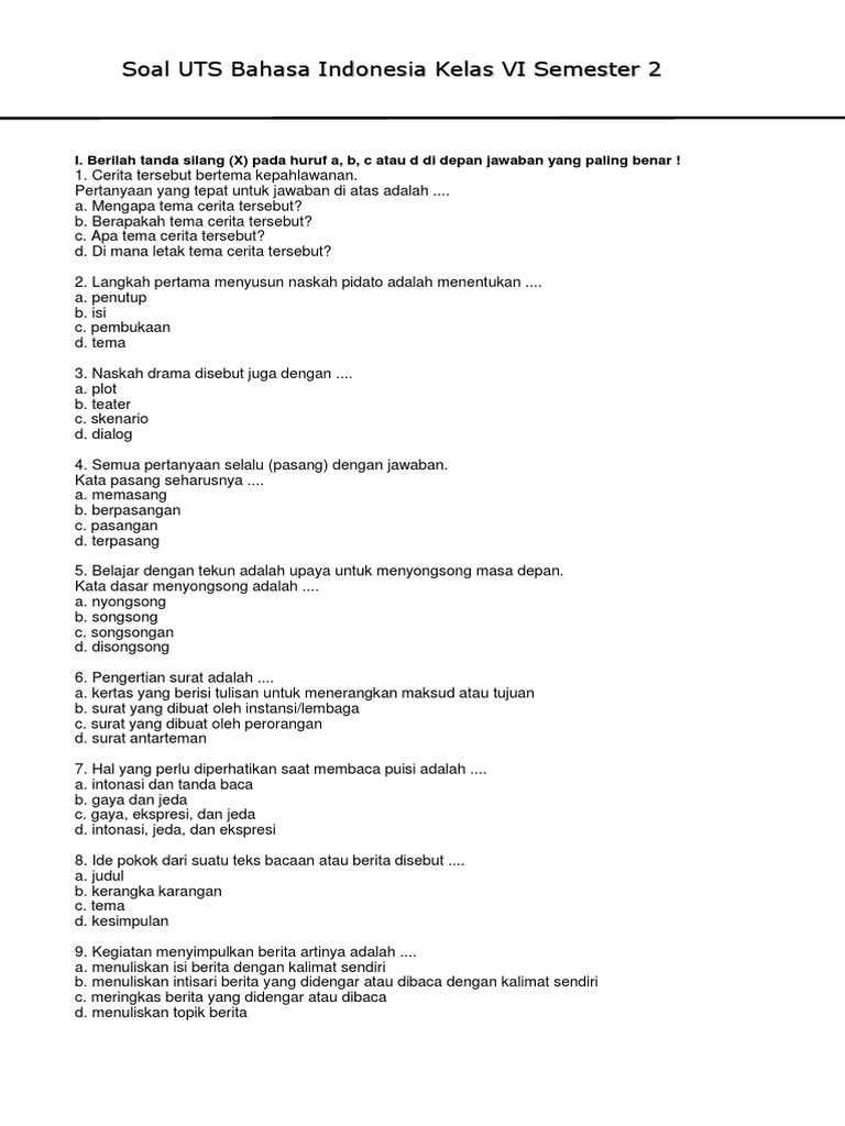 Soal UTS Bahasa Indonesia Kelas VI Semester 2 | PDF
