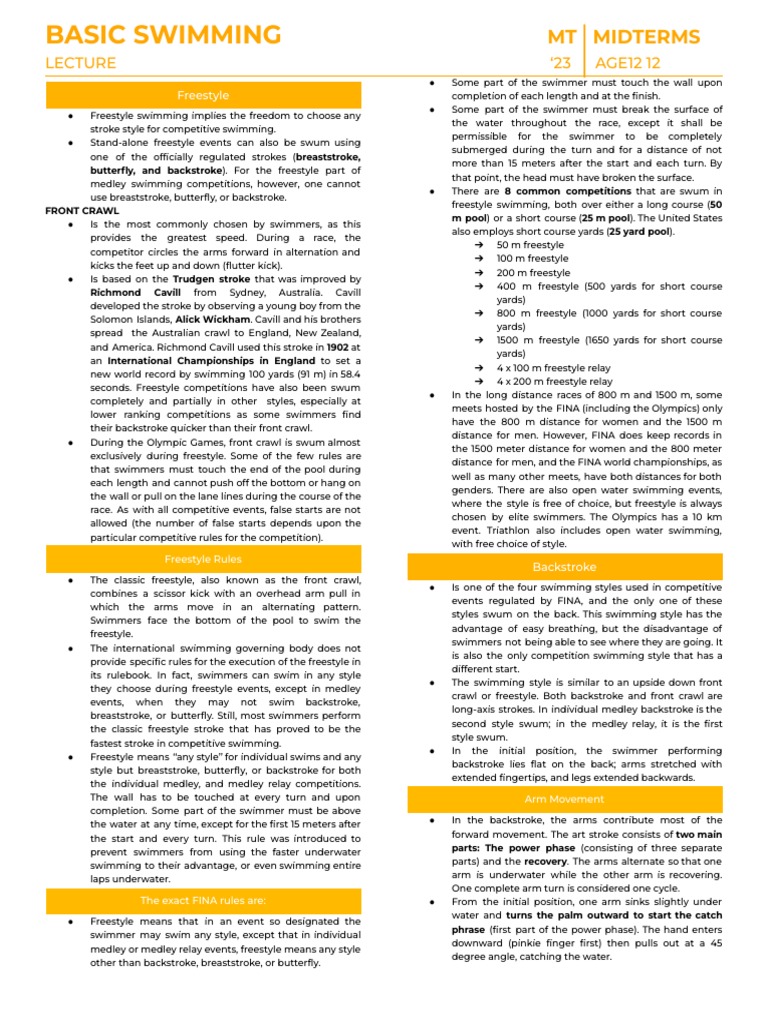 Basic Swimming Midterms Lessons | PDF | Swimming (Sport) | Leisure ...