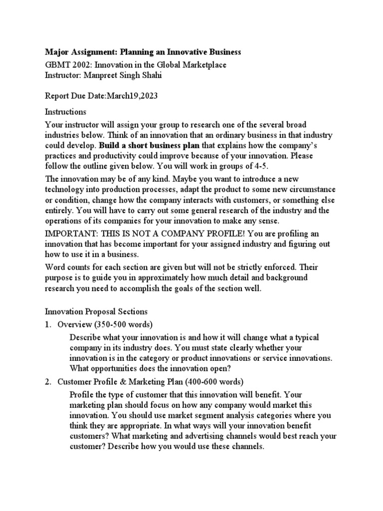Major Business Planning Assignment | PDF | Innovation | Marketing