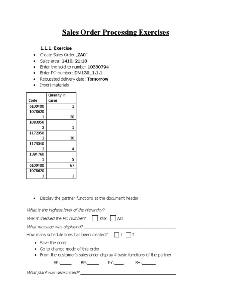 Sales Order Processing Exercises: 1.1.1. Exercise | PDF | Business ...
