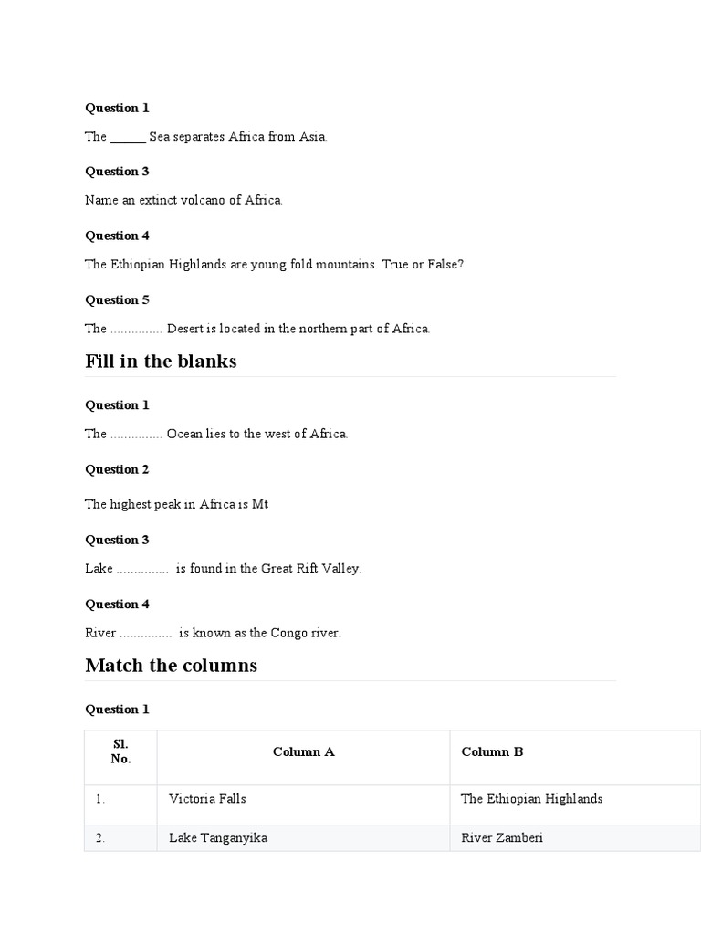 African Geography Quiz and Answers | PDF | Nile | Africa