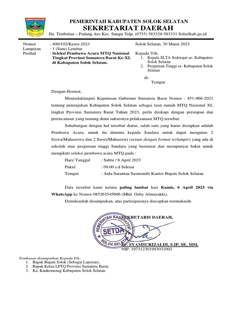 Surat Undangan Seleksi MC MTQ | PDF