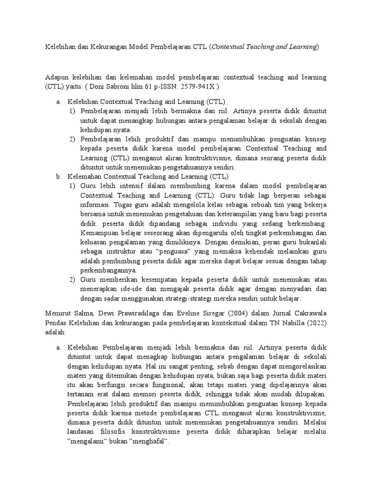Kelebihan Dan Kekurangan Model Pembelajaran CTL (Fiks) | PDF Kelebihan Dan Kekurangan Model Pembelajaran CTL (Fiks) | PDF