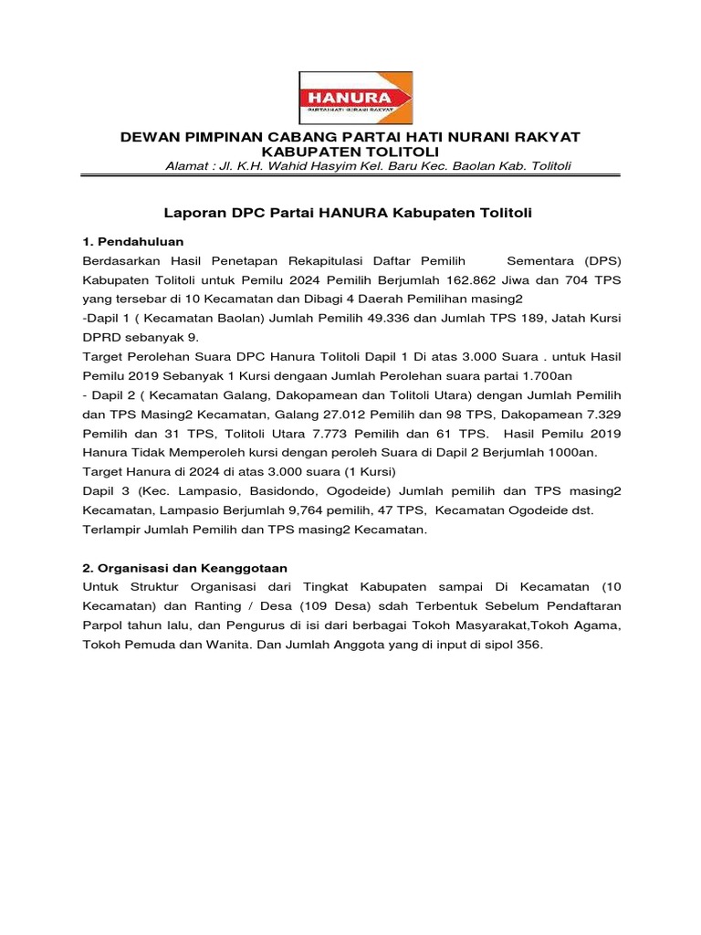 Laporan DPC Hanura Kabupaten Tolitoli | PDF