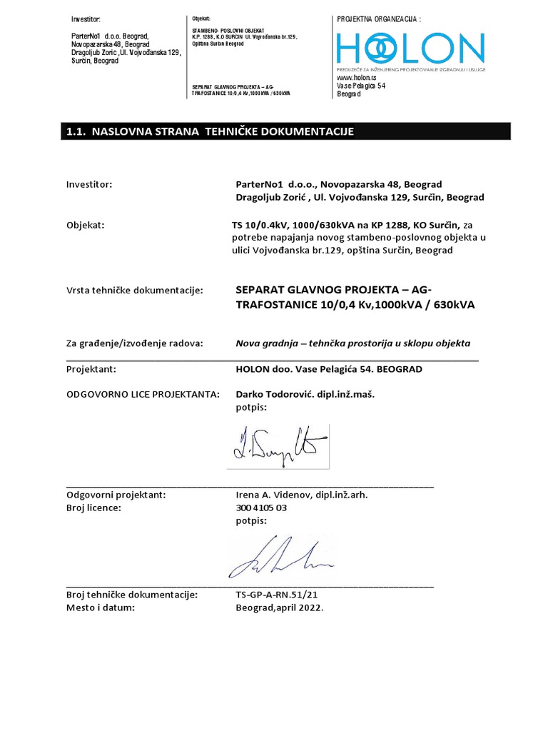 1.1. Naslovna Strana Tehničke Dokumentacije: Separat Glavnog Projekta ...