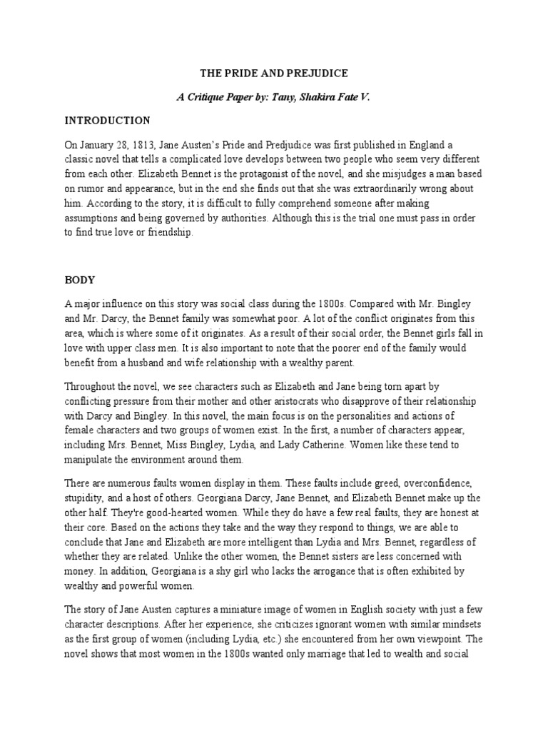 The Pride and Prejudice: A Critique Paper By: Tany, Shakira Fate V ...