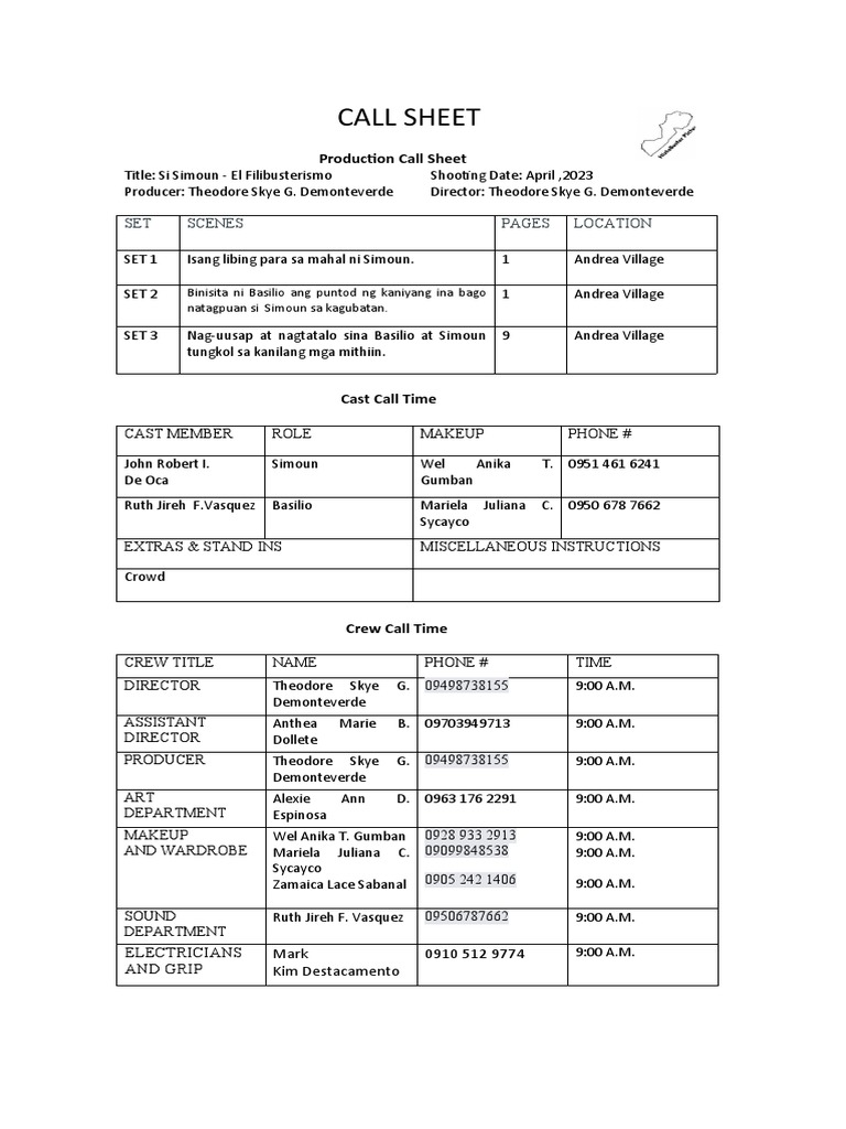 Production Call Sheet | PDF | Philippines | Violence