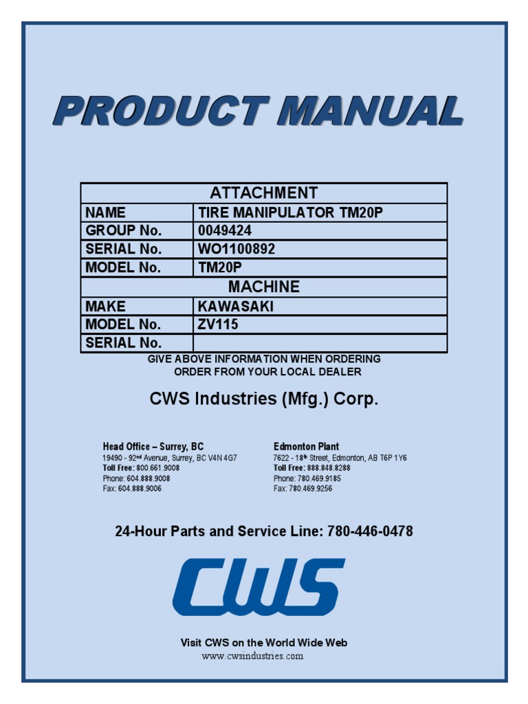 Installation and Operation Manual for the CWS TM20P Tire Manipulator | PDF | Safety | Tire