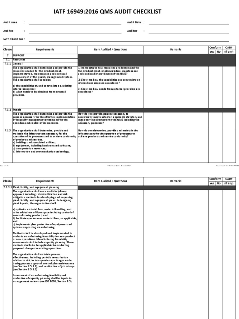 Iatf 16949:2016 Qms Audit Checklist | Download Free PDF | Verification ...