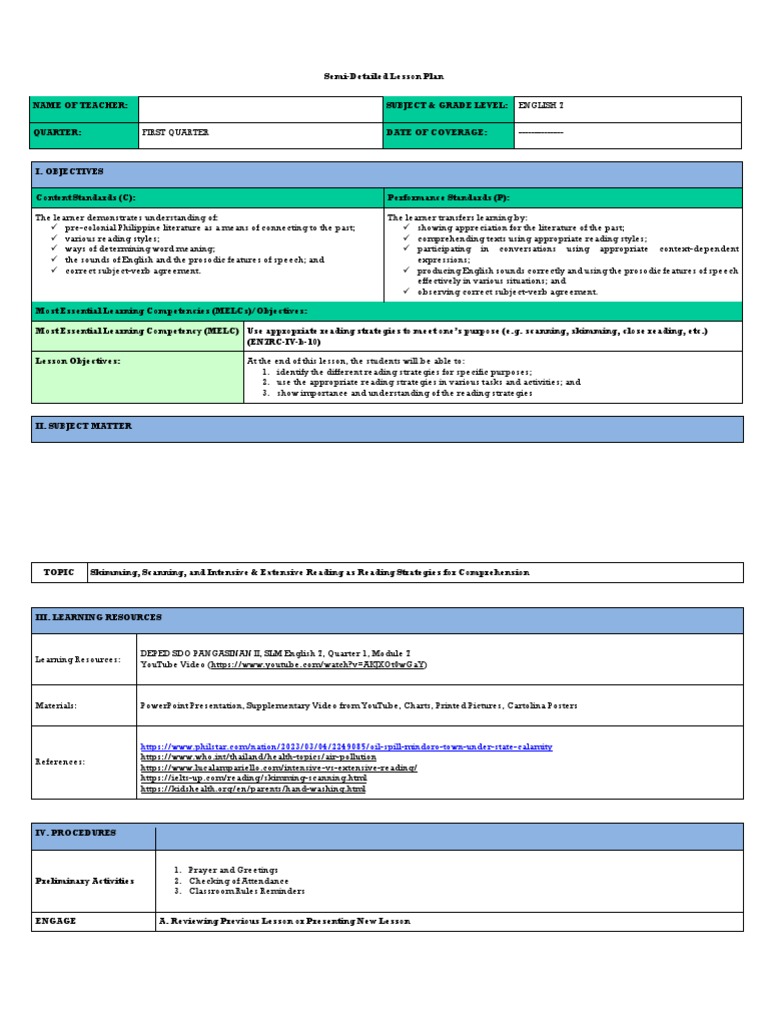 Semi-Detailed Lesson Plan On Reading Strategies | PDF | Reading ...