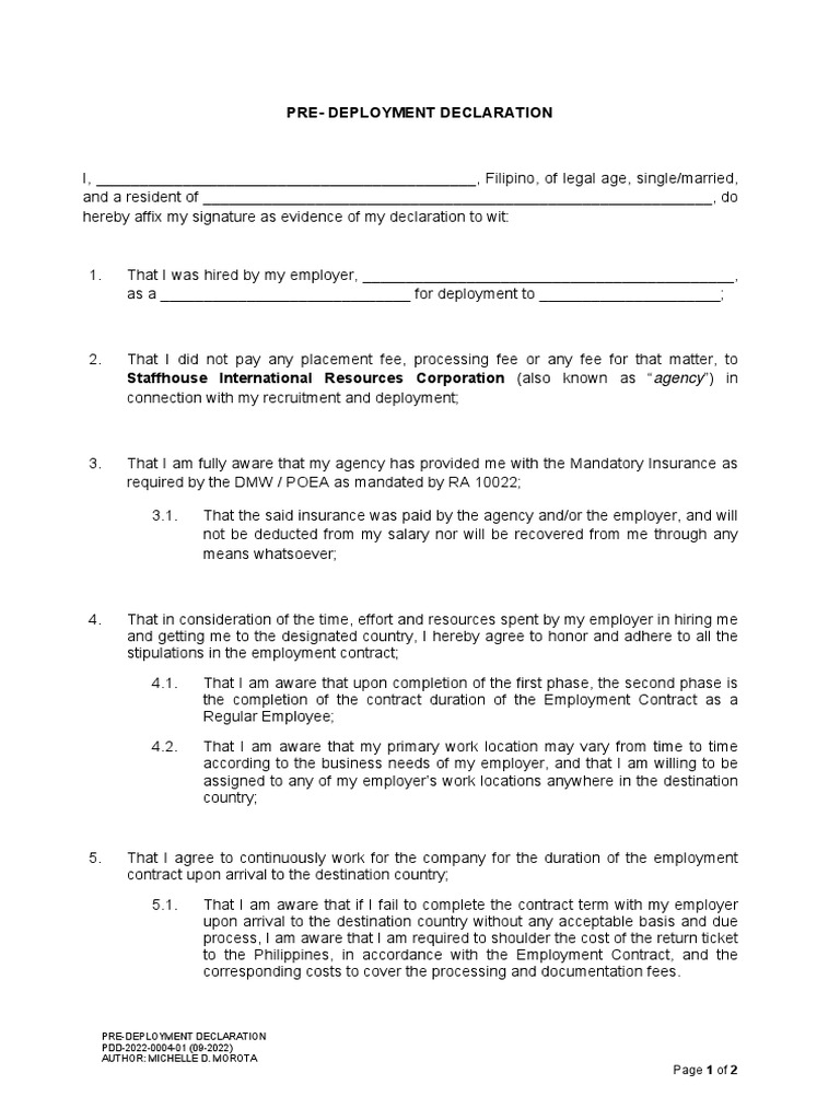 FRANKLIN SMITH - PDD-2022-0004 - Pre-Deployment Declaration Form | PDF ...