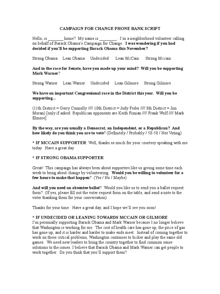 Obama Phone Bank Script | PDF