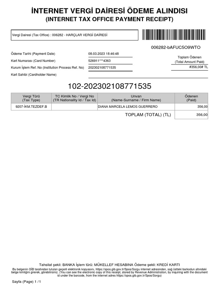 İnternet Vergi Dairesi Ödeme Alindisi: (Internet Tax Office Payment Receipt) | PDF