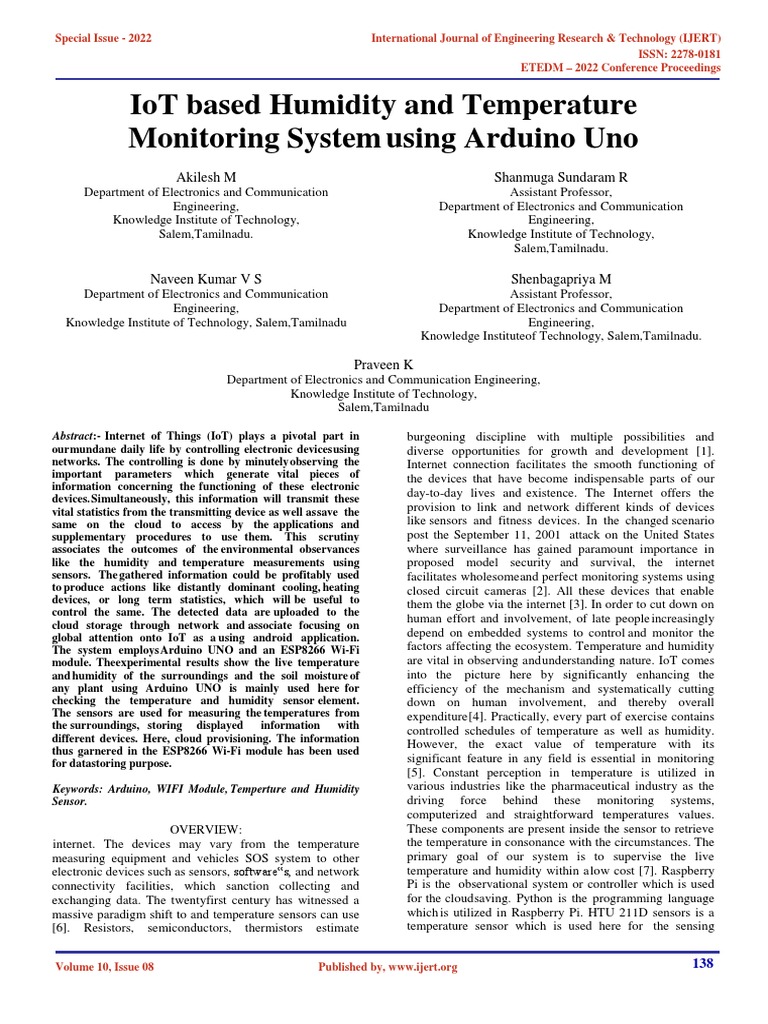 Iot Based Humidity and Temperature Monitoring System Using Arduino Uno IJERTCONV10IS08033 | PDF ...