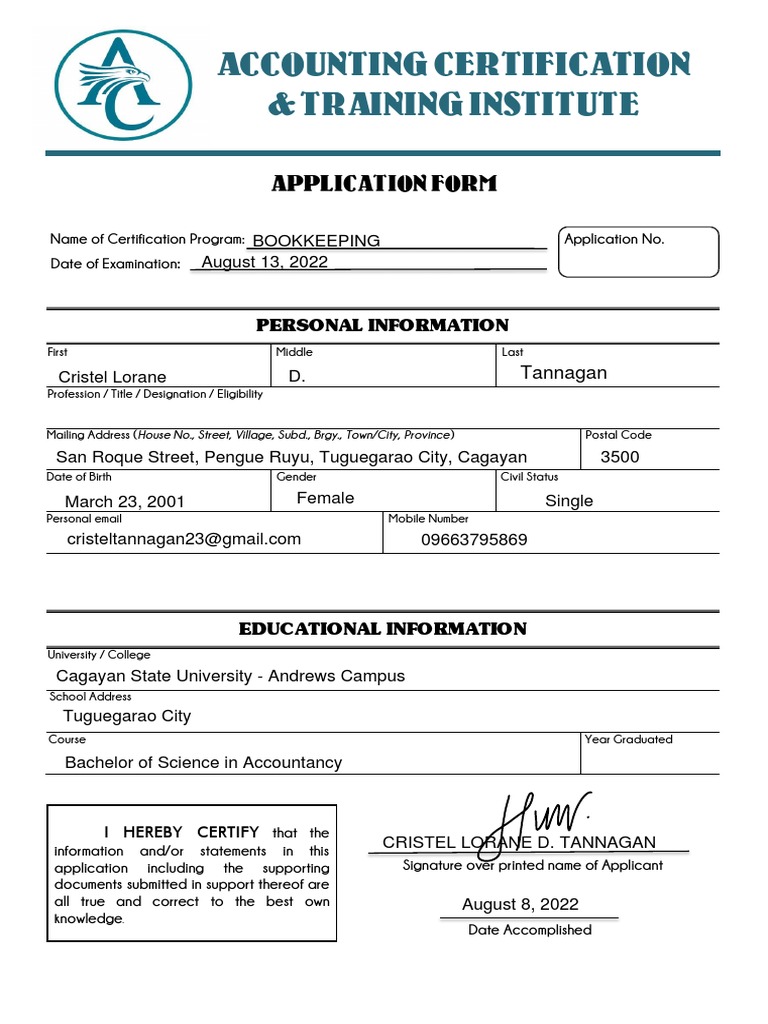 Accounting Certification & Training Institute: Application Form | PDF