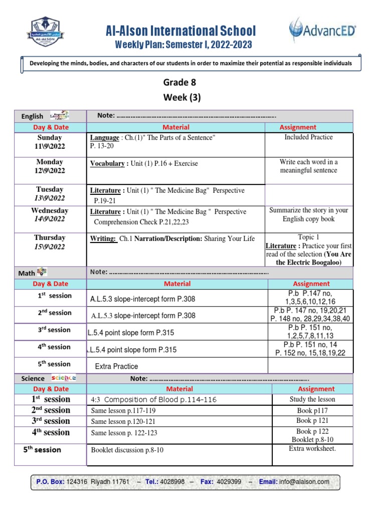 Al-Alson International School: Weekly Plan: Semester I, 2022-2023 | PDF ...
