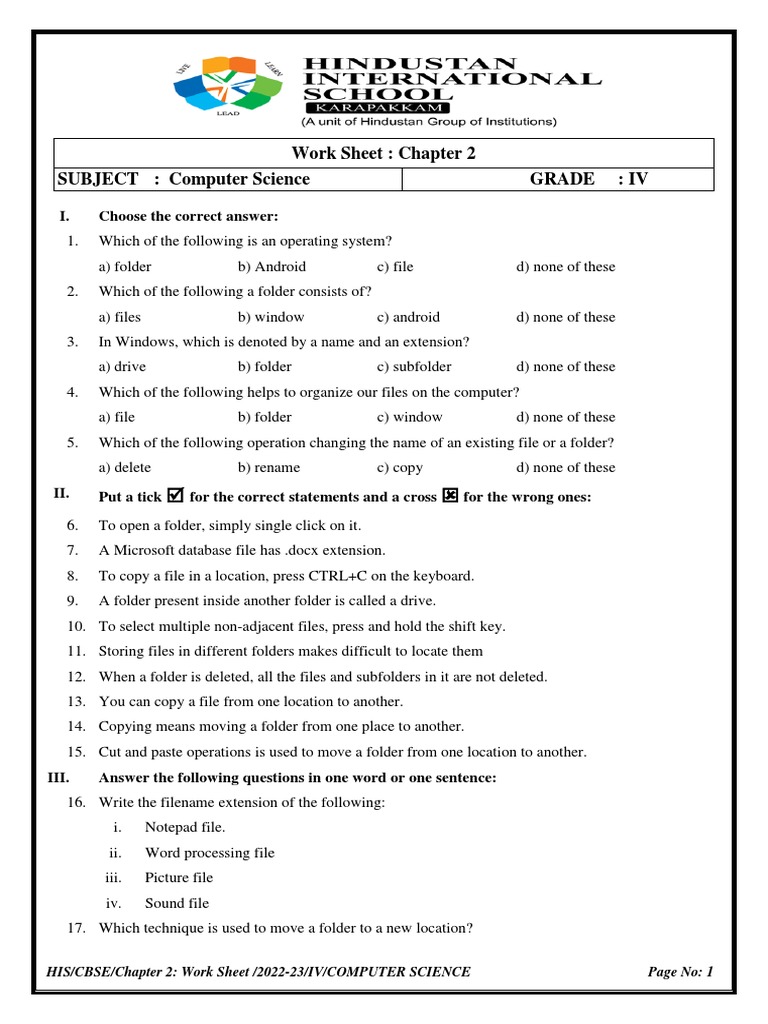 Class 4 Computer File Management Worksheet | PDF | Computer File ...