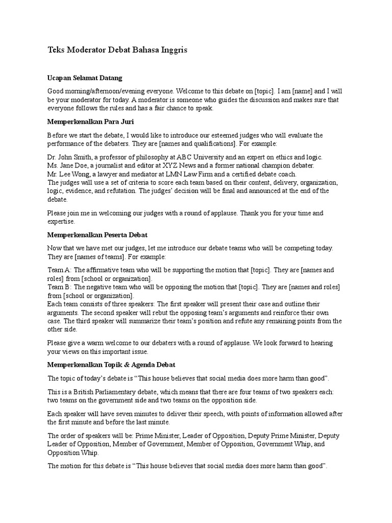Teks Moderator Debat Bahasa Inggris | PDF | Homework | Social Media