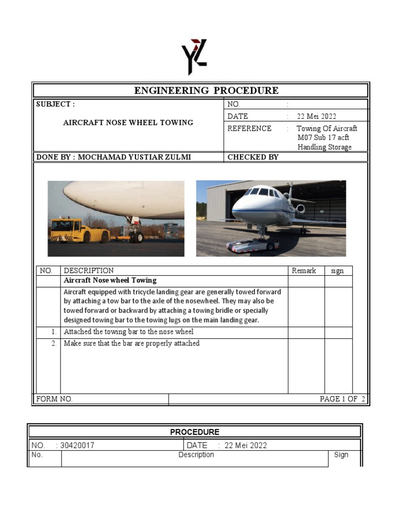 Engineering Procedure: Subject: Aircraft Nose Wheel Towing | PDF