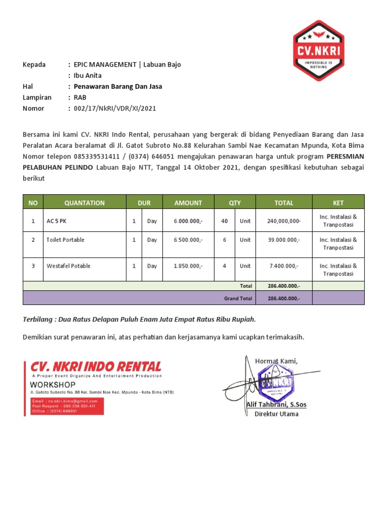 Kepada: Epic Management - Labuan Bajo: Ibu Anita Hal: Penawaran Barang ...
