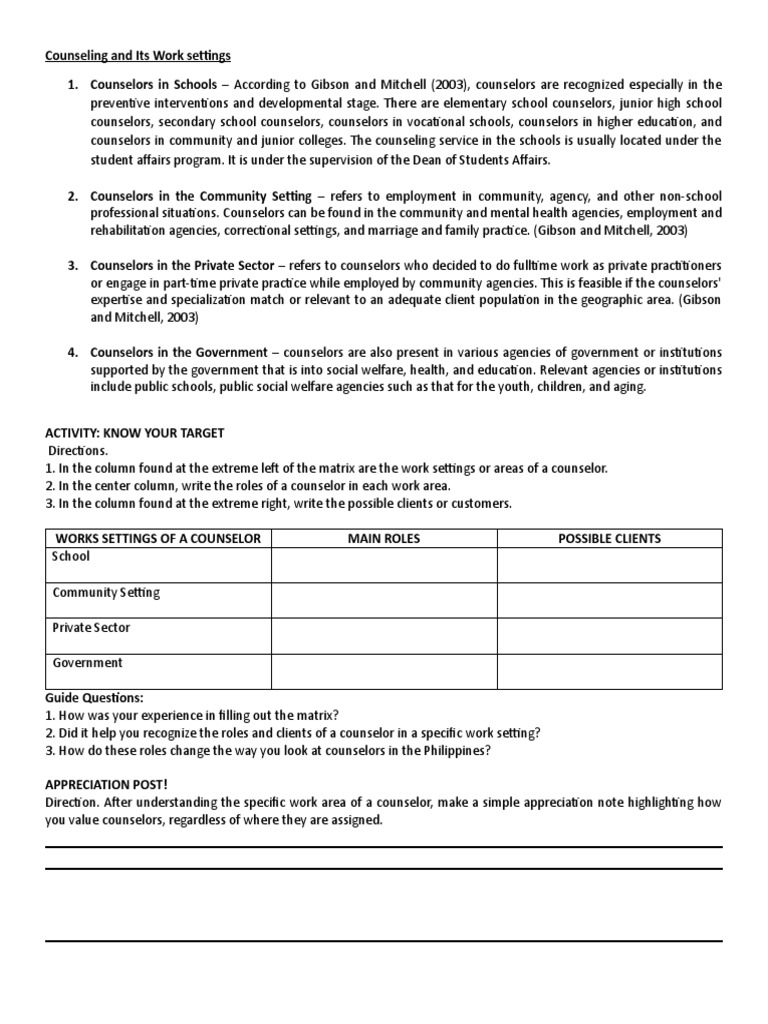 Counseling and Its Work Settings (PRINT) | PDF | School Counselor ...