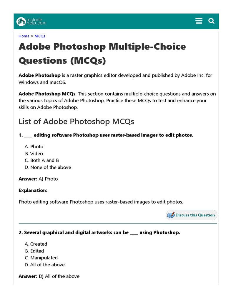 Adobe Photoshop Multiple-Choice Questions (MCQS) | PDF | Adobe ...