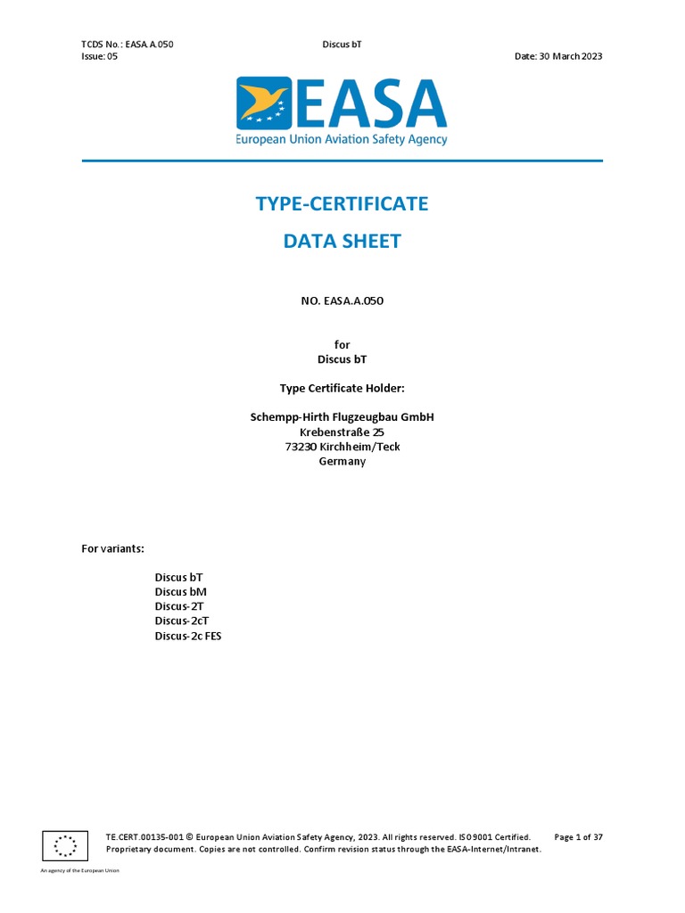 TCDS EASA.A.050 Discus BT Issue05 | PDF | Aviation | Aircraft
