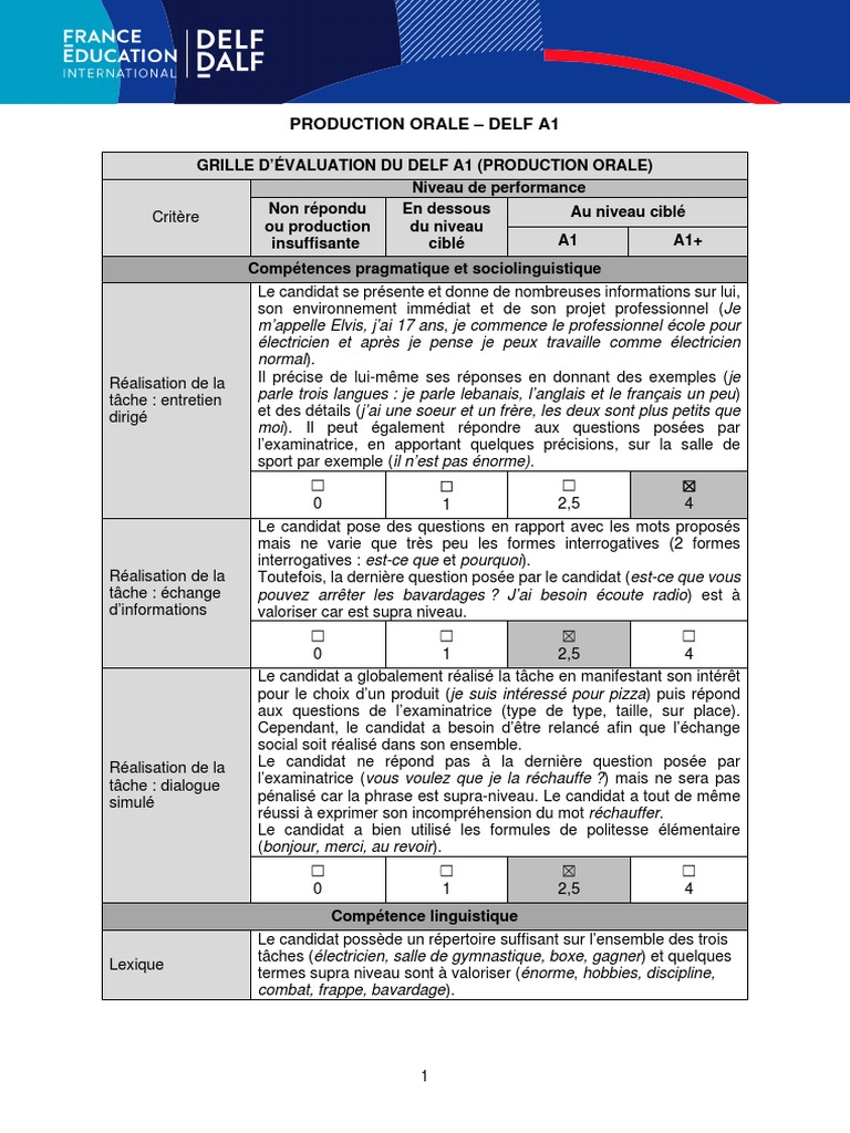 Grille Dévaluation Commentée DELF A1 PO | PDF | Grammaire | Cognition