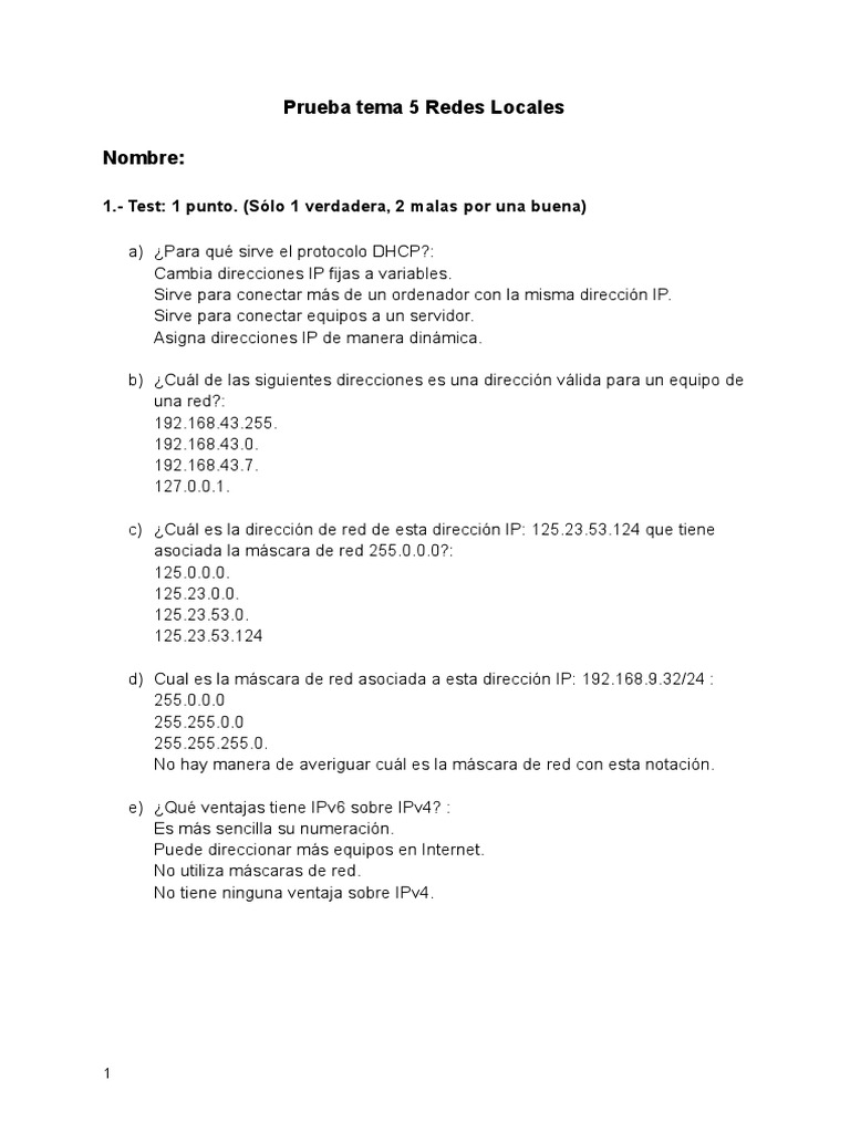 Prueba Tema 5 Redes Locales | PDF | Dirección IP | Protocolos de internet