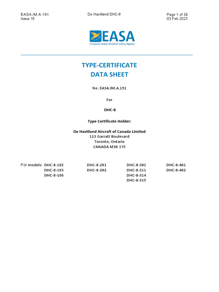 EASA TCDS - DHC-8 - Iss 16 EASA - IM - .A.191 | PDF | Jet Fuel | Aerospace Engineering