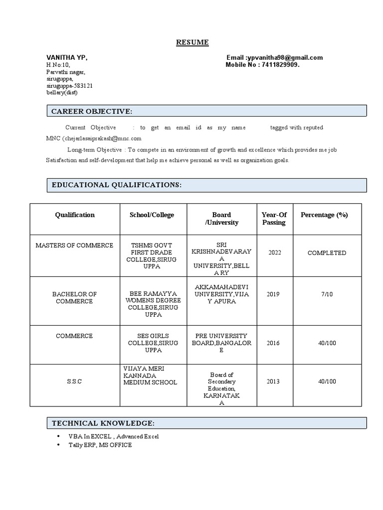 Resume: Vanitha Yp, Mobile No: 7411829909 | PDF