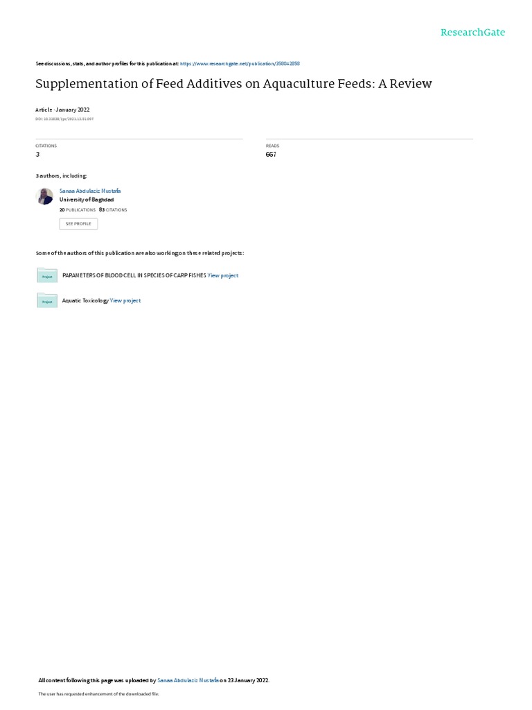 Supplementation of Feed Additives On Aquaculture Feeds: A Review | PDF | Mycotoxin | Probiotic