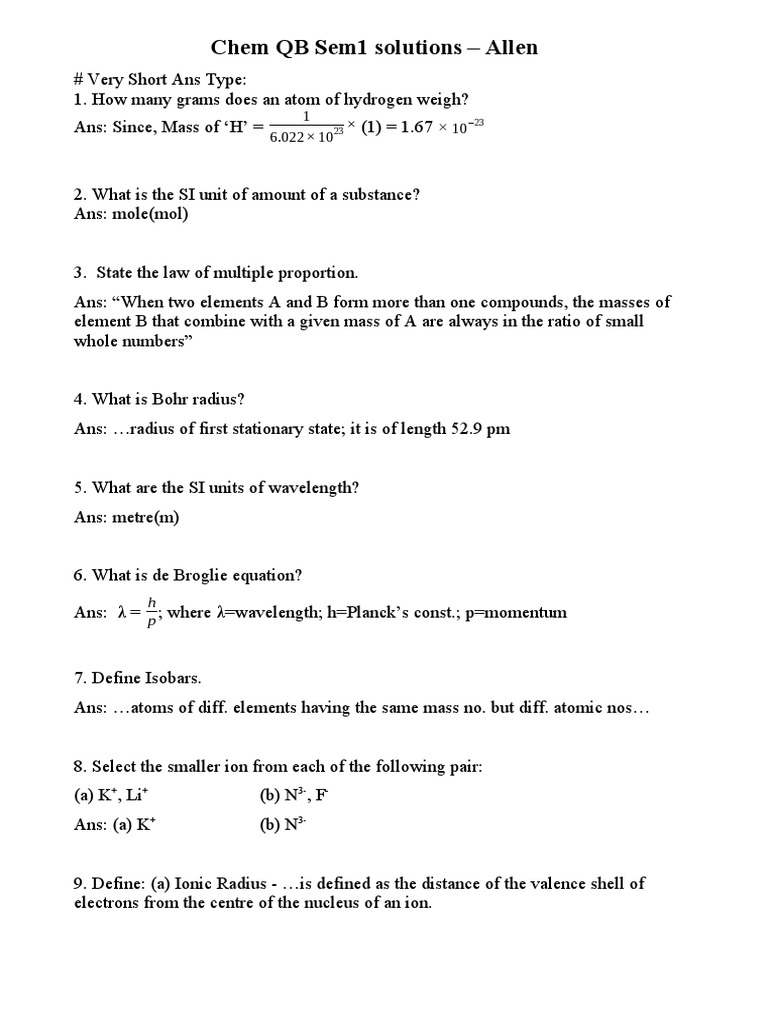 Chem QB Sem1 Solutions - Allen Material | PDF | Atomic Orbital ...
