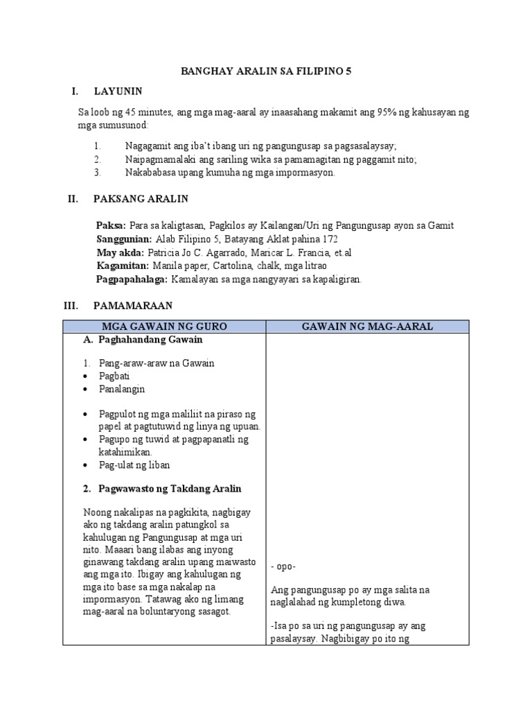 Banghay Aralin Sa Filipino 5 | PDF