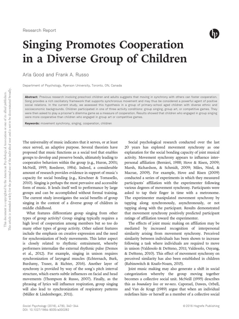 Good & Russo 2016 - Singing Promotes Cooperation | PDF ...