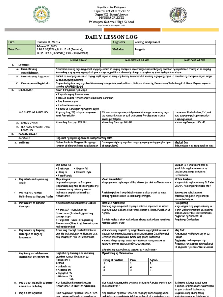 DLL AP8 - Q3 - Modyul 1-Aralin 2 Pag-Usbong NG Renaissance, Simbahang ...