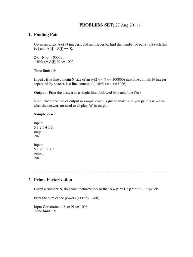 PROBLEM-SET (27 Aug 2011) 1. Finding Pair | Download Free PDF ...