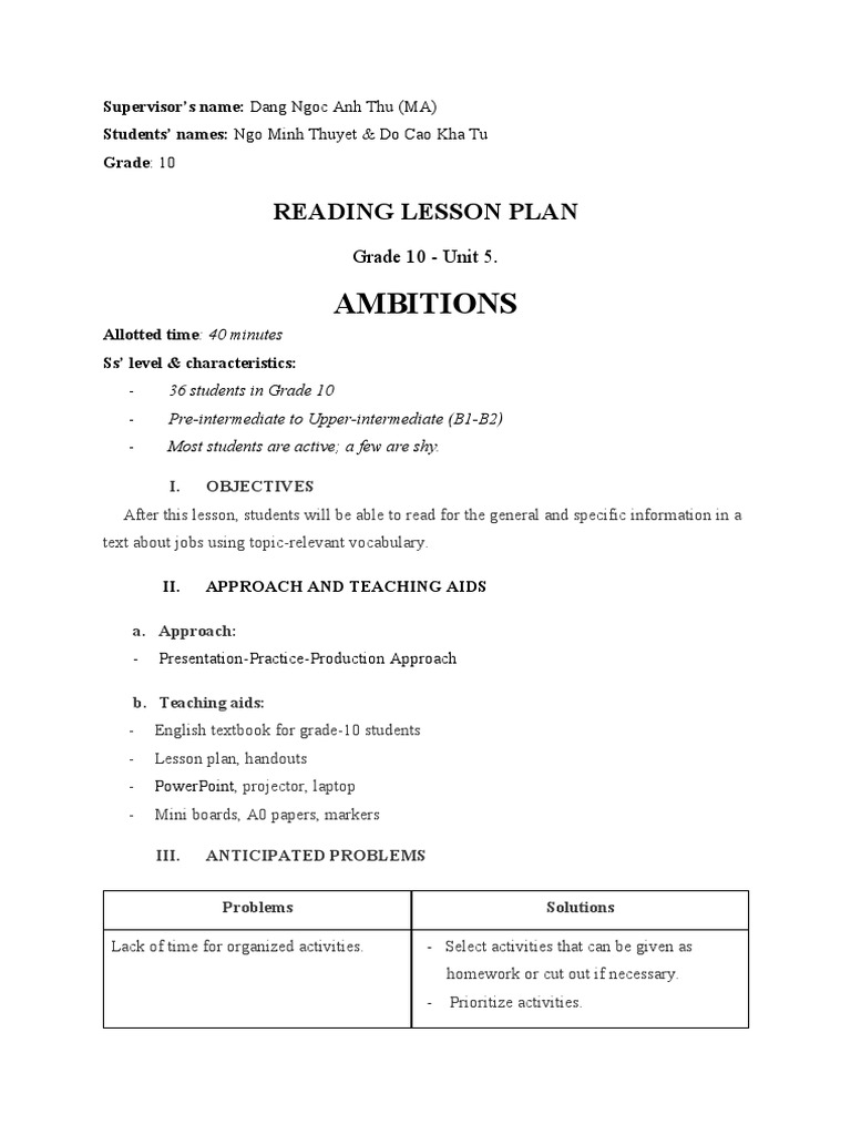 (Lesson Plan) Reading UNIT 5 - Dream Jobs | PDF | Lesson Plan | Syntax