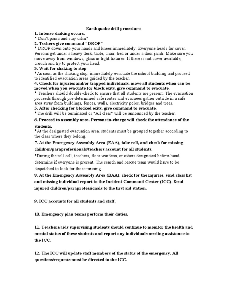 Earthquake Drill Procedure Guide | PDF